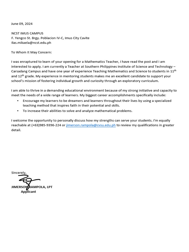 Application Letter (NCST IMUS CAMPUS) | PDF | Career & Growth