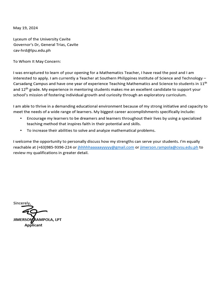 Mathematics Teacher Application Letter | PDF | Career & Growth | Wellness