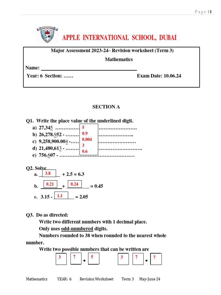 MATH Yr6 - MA3 REVISION - Term 3 - ANSWER KEY - June 2024 | PDF ...