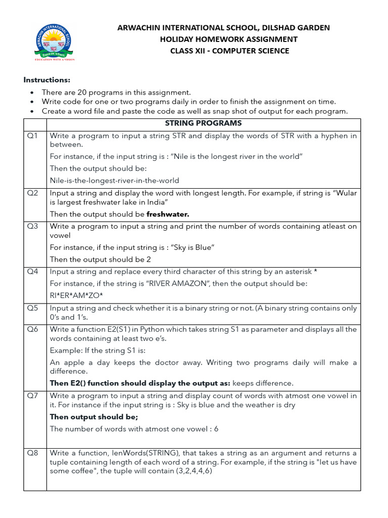 HHW CS Xii | PDF | Parameter (Computer Programming) | String (Computer Science)
