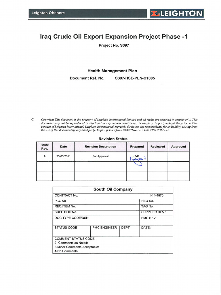 Health Management Plan - Leighton Offshore | PDF