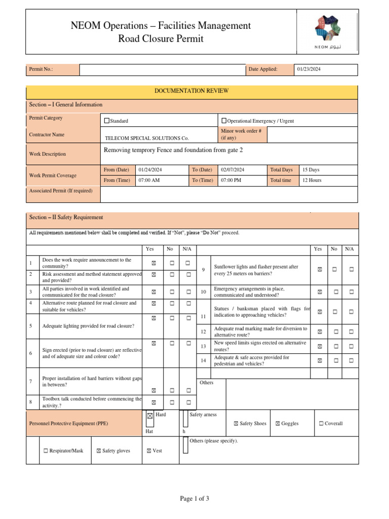 Road Closure Permit | PDF | Personal Protective Equipment ...