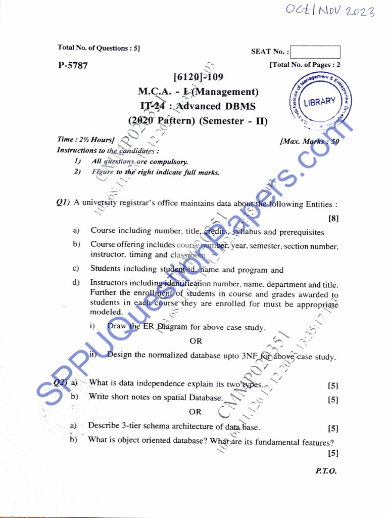 Postgraduate PG Master Computer Applications Mca Semester 2 2023 November Advanced Dbms2020 ...