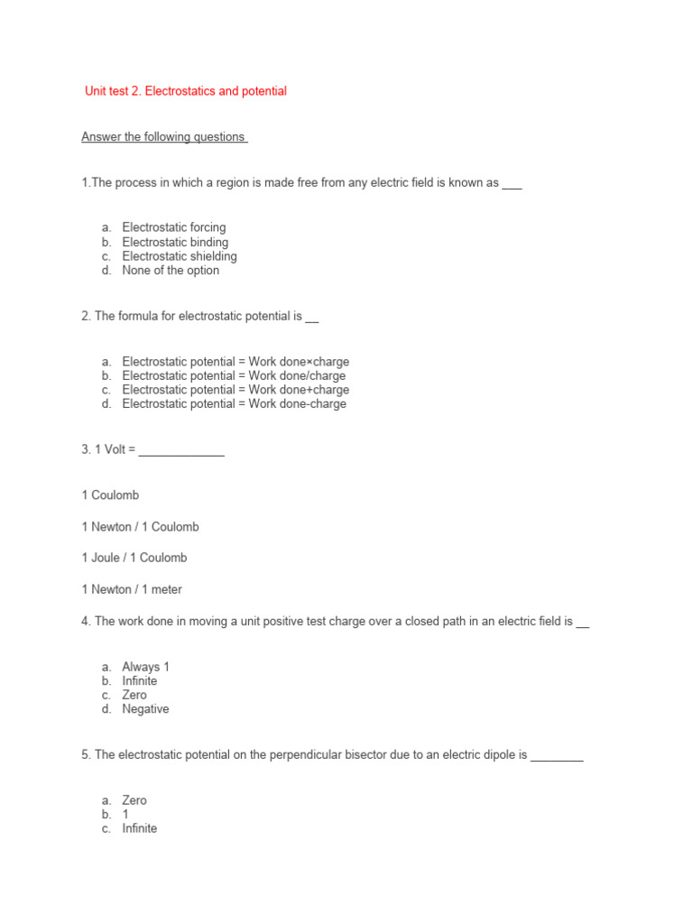 Electric Potential Unit Test Question Paper | PDF | Electrostatics ...
