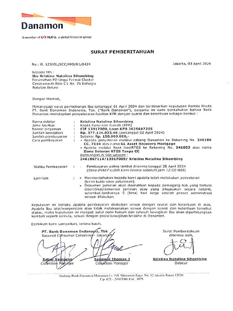 Surat Pemberitahuan Bank Danamon | PDF