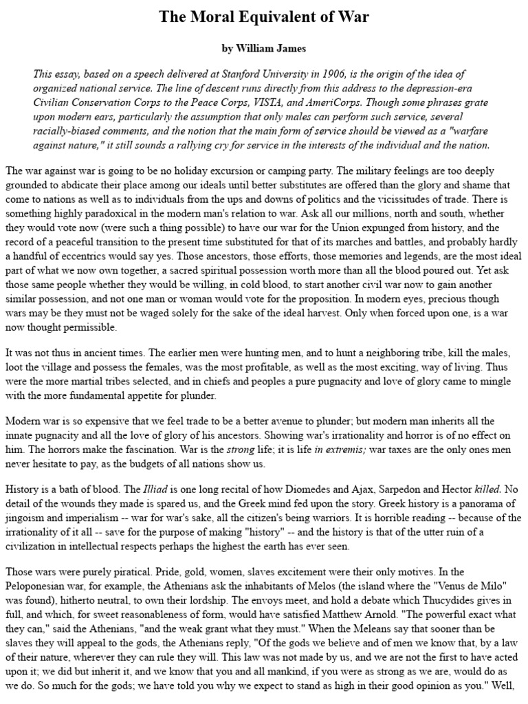 The Moral Equivalent of War Explained | PDF | Iliad | Virtue