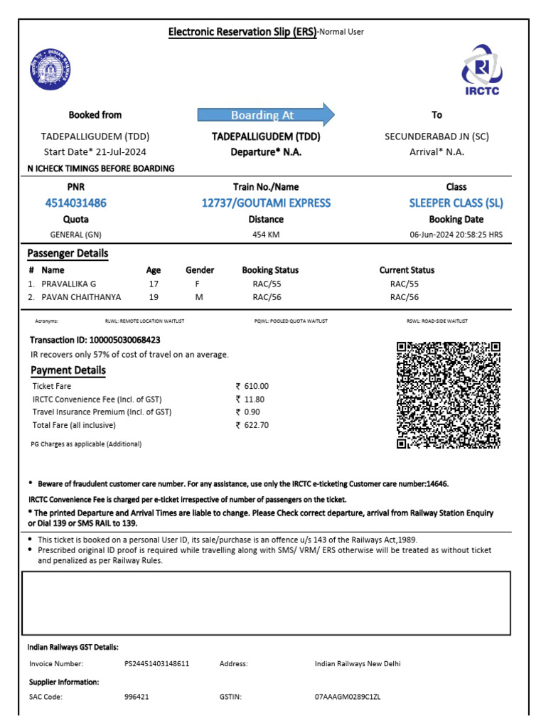 12737/goutami Express Sleeper Class (SL) | PDF | Identity Document