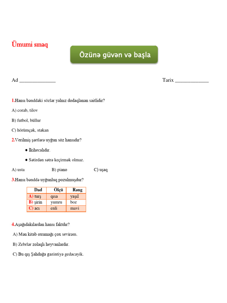 Ümumi Sınaq. 2-Ci Sinif | PDF