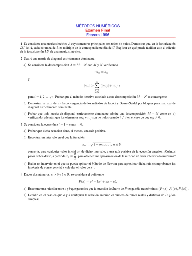 Examenes de Metodos Numericos | PDF | Análisis numérico | Matriz (Matemáticas)