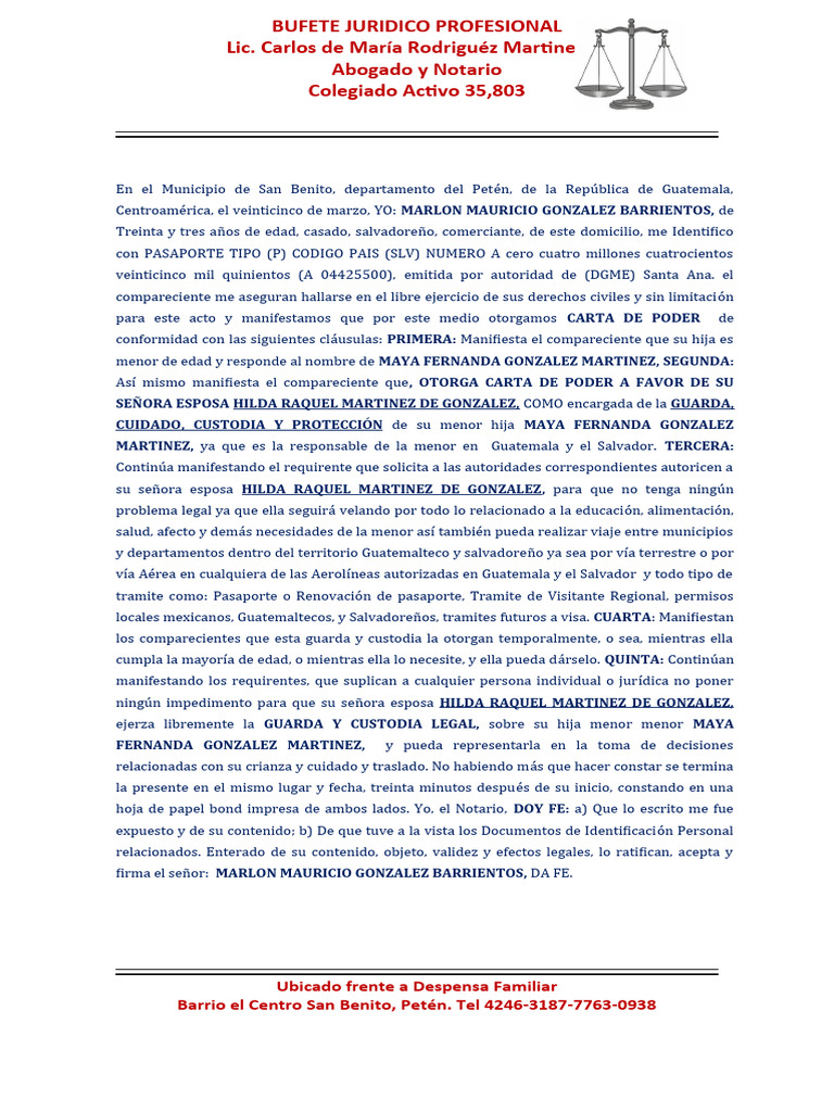 CARTA DE PODER GUARDIA Y CUSTODIA PARA SALVADOREÑOS | PDF | Guatemala ...