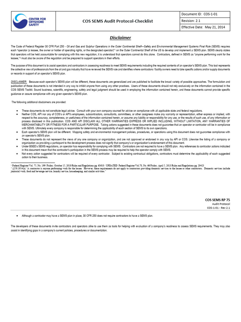 COS-1-01_Rev 21_SEMS II RP 75_Audit Protocol | PDF | Safety