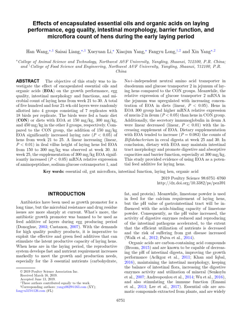 Effects of Encapsulated Essential Oils and Organic Acids On Laying ...