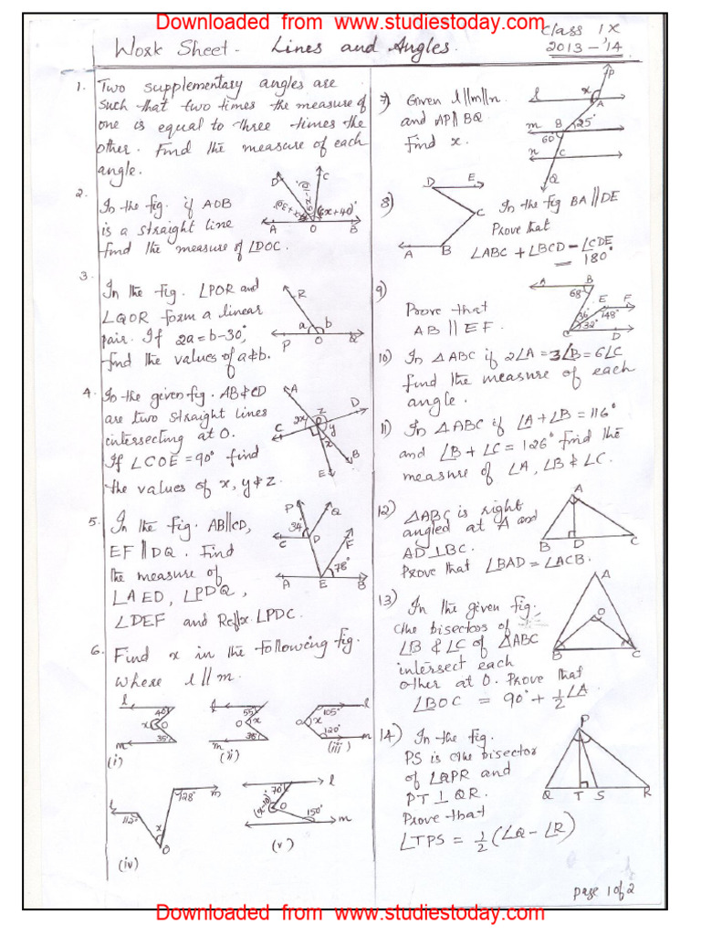 CBSE Class 9 Mathematics Worksheet Lines and Angles | PDF | Social ...