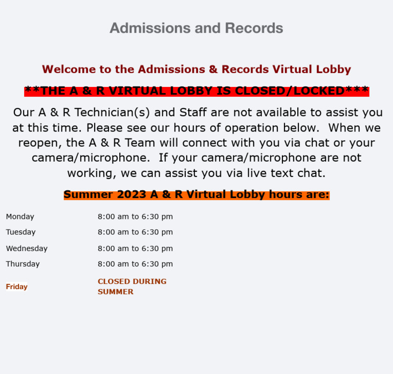 Admissions & Records Virtual Lobby Hours | PDF | Home & Garden ...