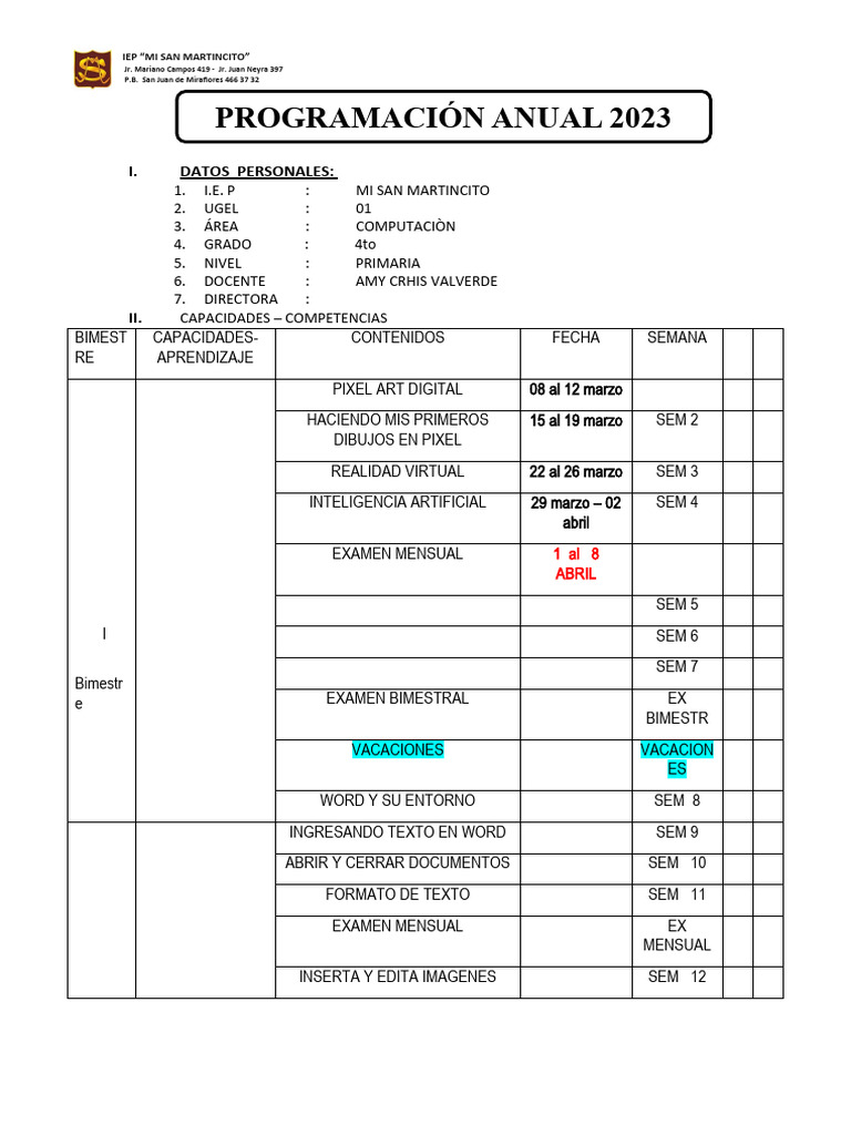 Programaciòn Anual - Taller de Computaciòn | PDF | Informática