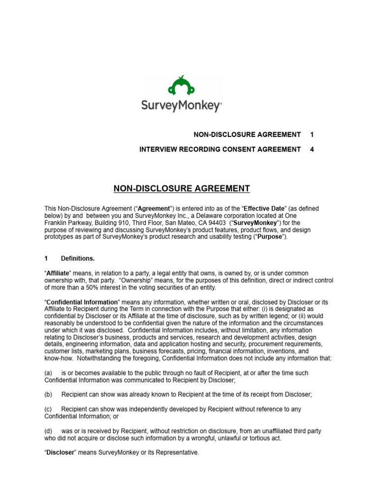 SurveyMonkey NDA and Recording Consent - Research & Insights | PDF | Non Disclosure Agreement ...