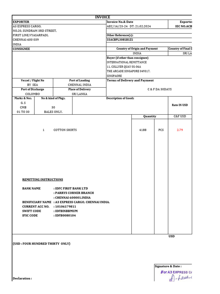 Invoice for Cotton Shirts Export | PDF