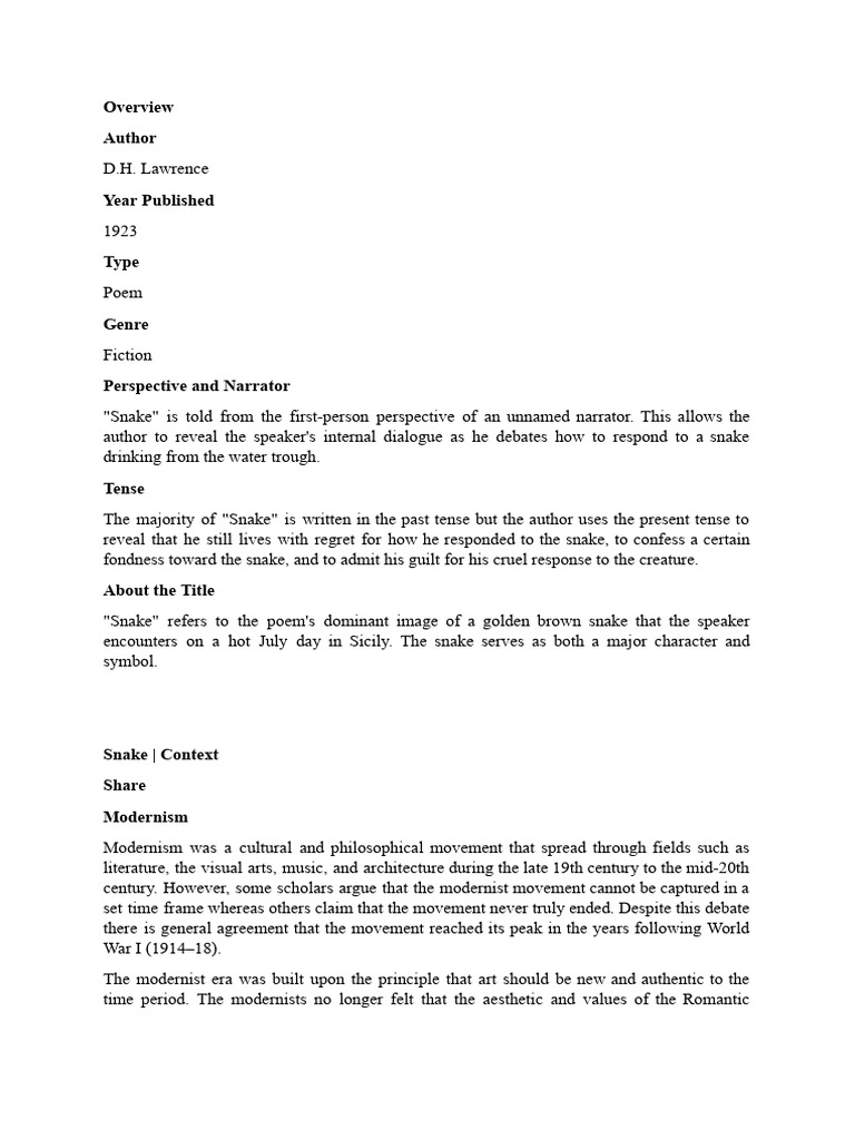 D.H. Lawrence's Poem "Snake" Analysis | PDF | Psychoanalysis | Sigmund ...