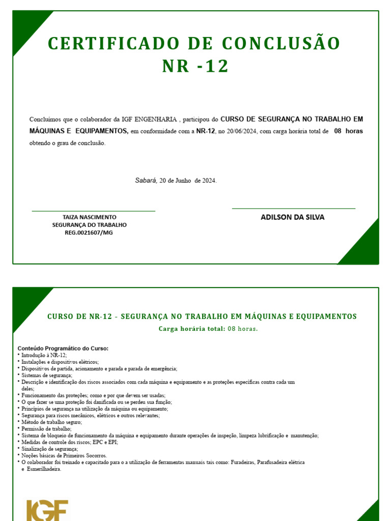 Modelo de Certificado Do Curso de NR 12 | PDF