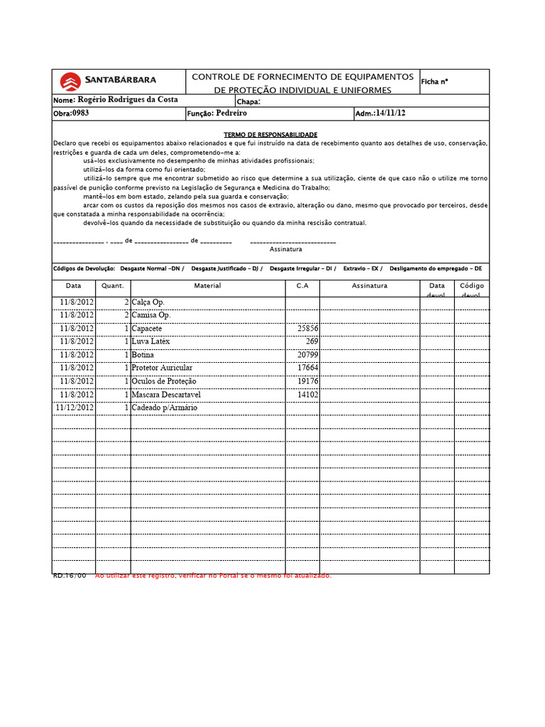 Ficha de Epi - Obraxxx - Rev00 - Igf | PDF | Capacete