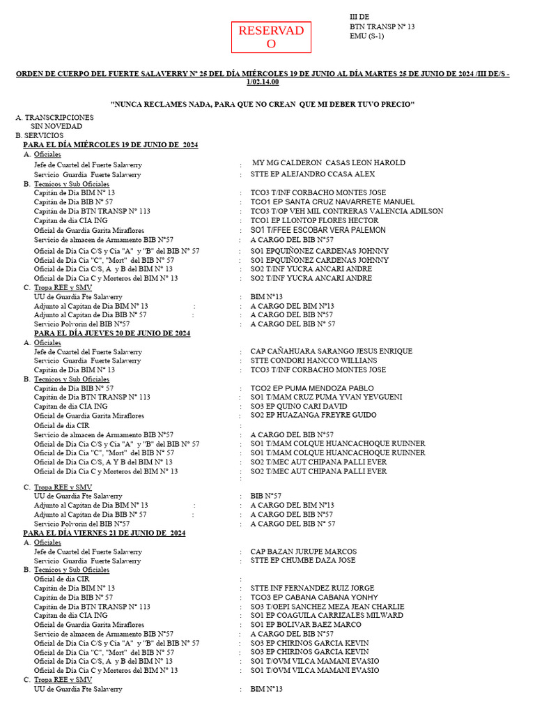 Orden de Cuerpo Del 19 de Junio Al 25 Jun 24 - Copia-1 | PDF | Armas de ...