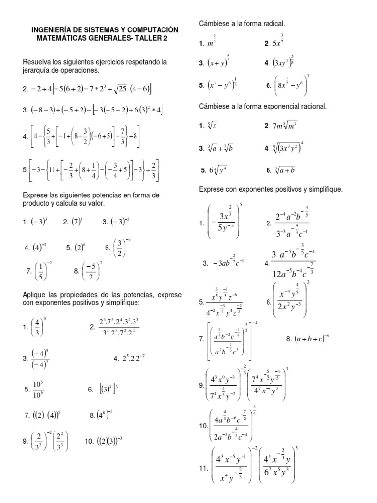 Taller 2 - Unidad 1. Potenciación | PDF