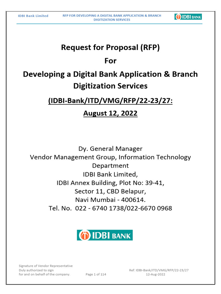 IDBI Bank RFP for Digital Banking Services | PDF | Request For Proposal ...