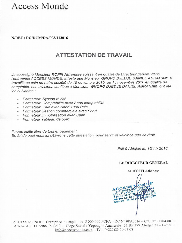 Attestation de Travail | PDF