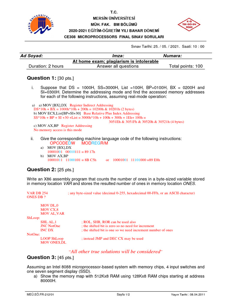 Duration: 2 Hours Answer All Questions Total Points: 100 (30 PTS.) | PDF | X86 Architecture ...