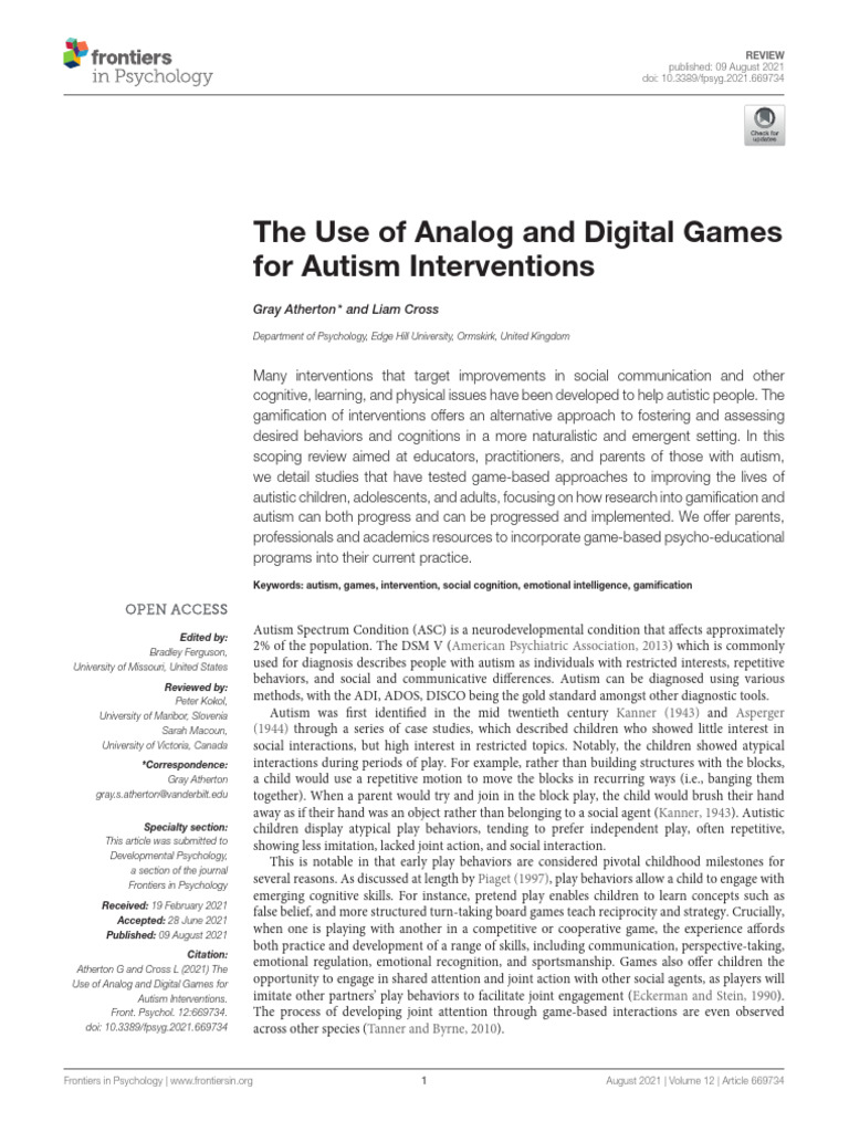 The Use of Analog and Digital Games for Autism Interventions | PDF | Autism Spectrum | Psychology