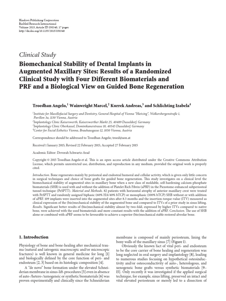 Biomed Res Int 2015 Troedhan 850340 | PDF | Dental Implant | Bone