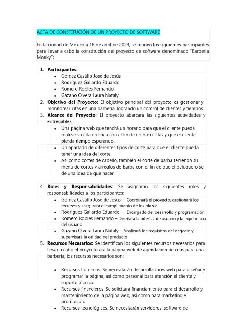 Acta de Constitución de Un Proyecto de Software | PDF | Software ...