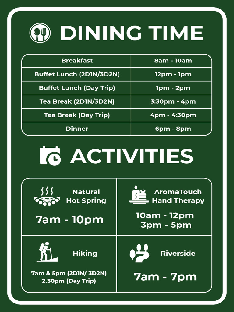 Dining and Activities Schedule Guide | PDF | Cooking, Food & Wine