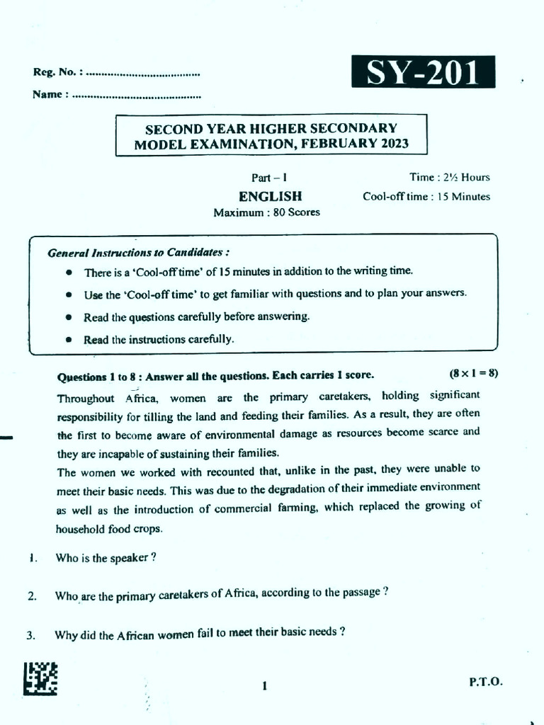 Kerala Plus Two English Model Exam Question Paper Feb 2023 | PDF