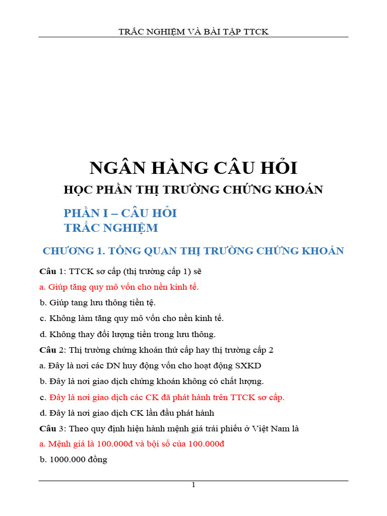 Câu hỏi và Bài tập TTCK 2024 | PDF
