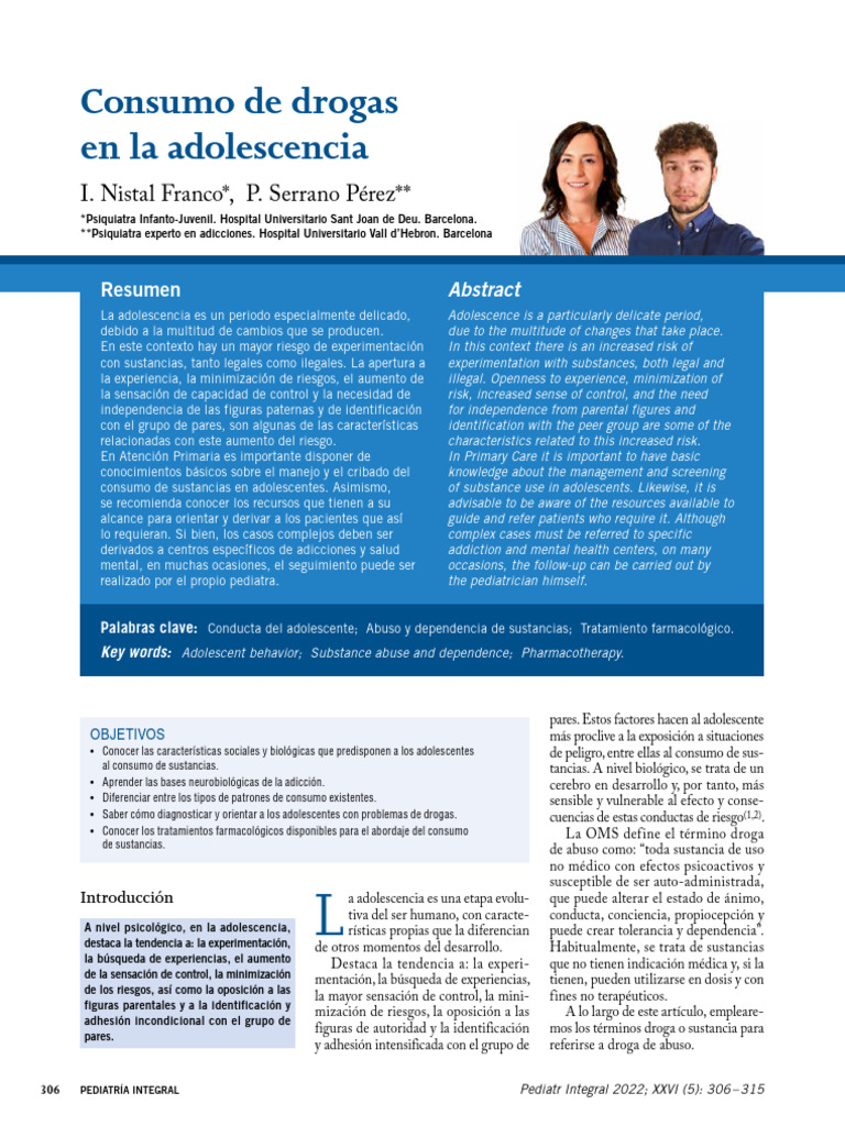 Consumo De Drogas En La Adolescencia Pediatria Integral 2022 Pdf