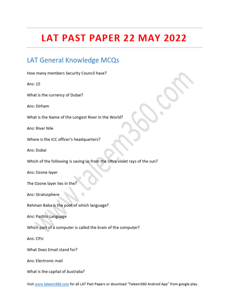 Lat Past Paper 22 May 2022: Lat General Knowledge Mcqs | PDF | Google ...
