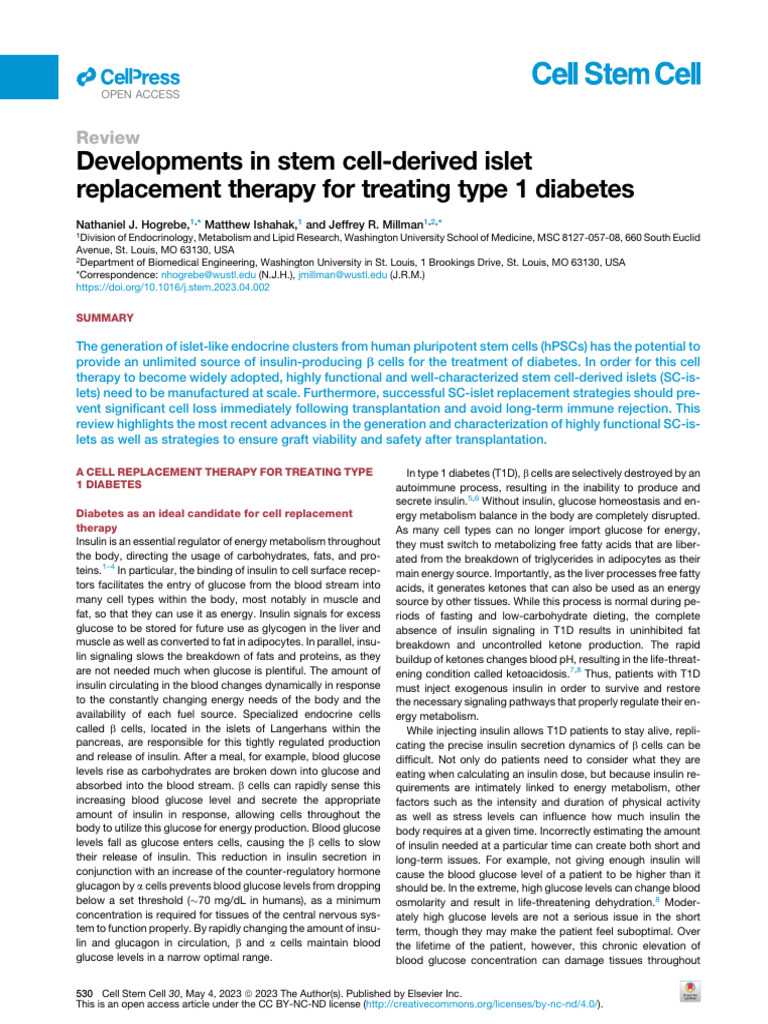 Developments in Stem Cell Derived Islet Replacement Therapy F - 2023 ...
