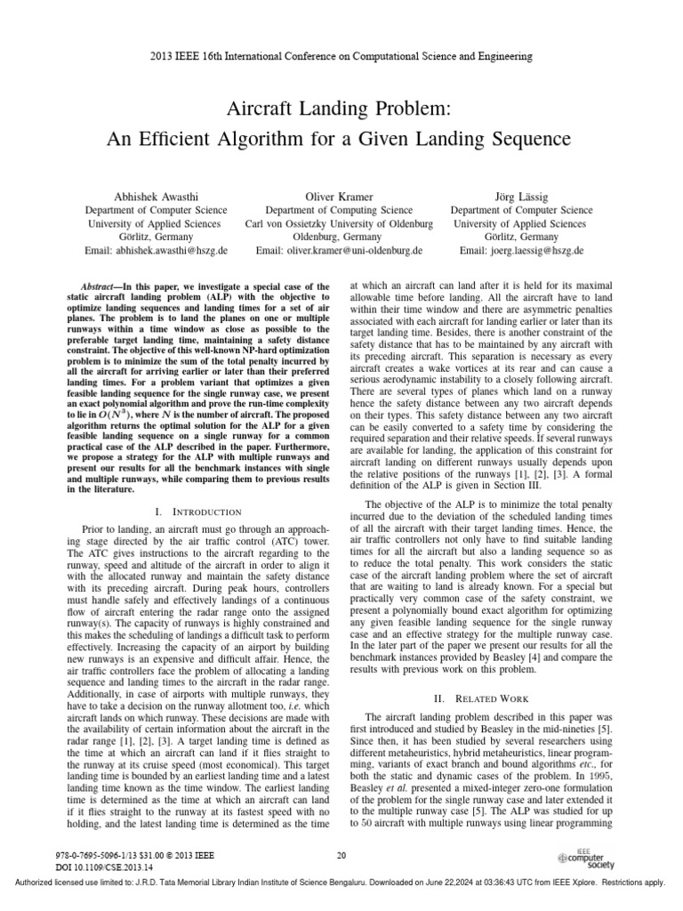 Aircraft Landing Problem An Efficient Algorithm For A Given Landing Sequence | PDF ...