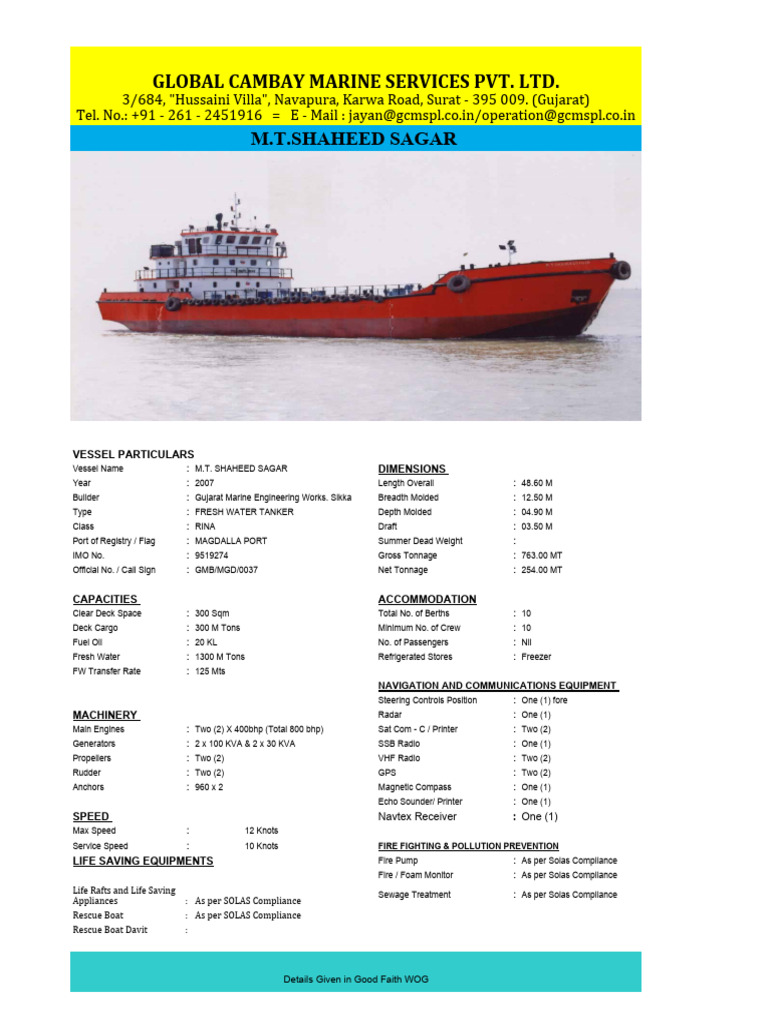 M.T. Shaheed Sagar Vessel Overview | PDF | Ships | Shipping
