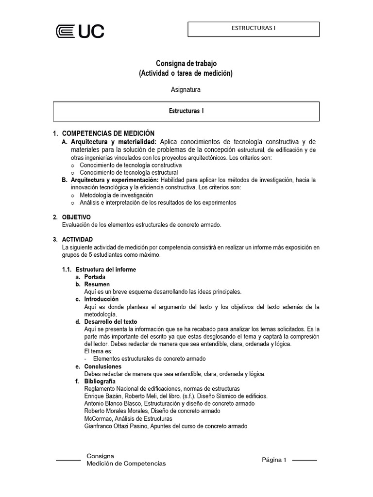 Consigna - Medición de Competencias - Estructuras I | PDF | Diseño | Hormigón