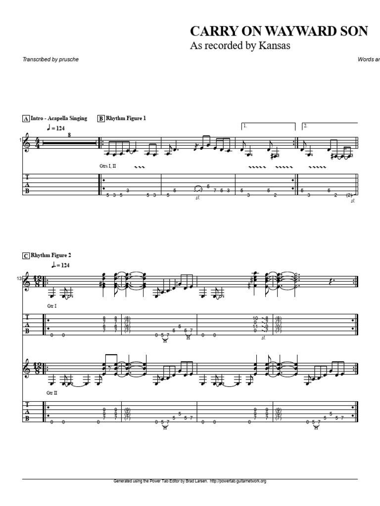 Kansas "Carry On Wayward Son" Guitar Tab | PDF