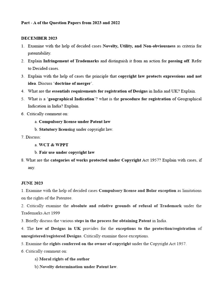 IPR - QP - Part - A - 2023 N 2022 | PDF | Trademark | Patent