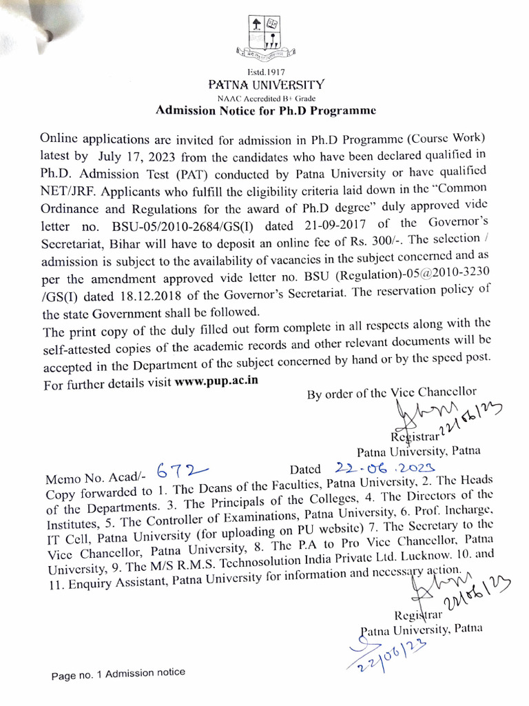 Admission Notice For PHD Programme Patna University | PDF
