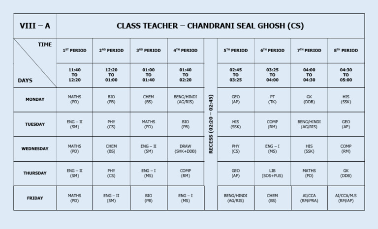 Time Table - Class Viii A | PDF