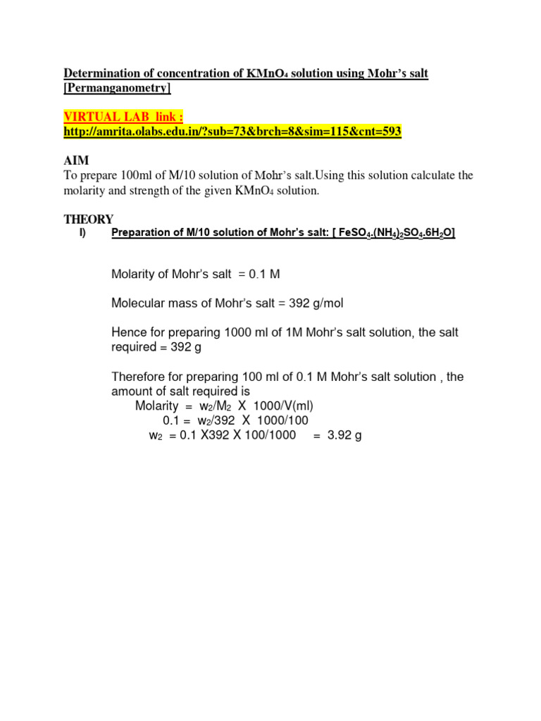permanaganometry - Mohr's salt procedure | PDF | Titration | Chemistry