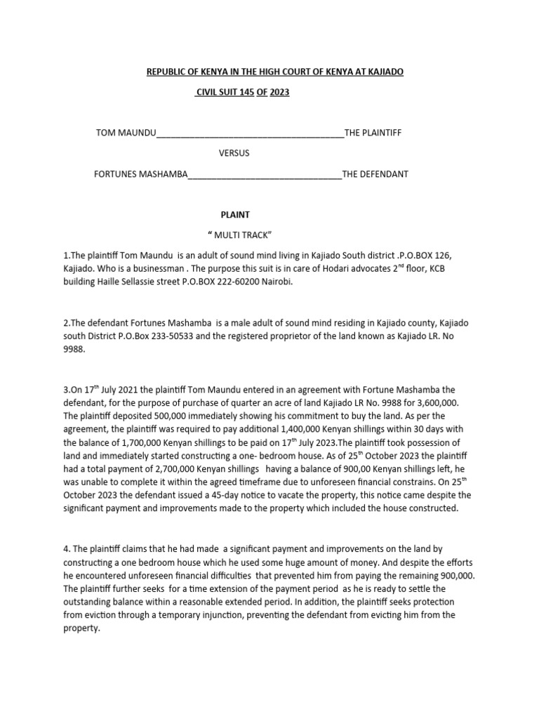 Plaint | PDF | Kenya | Common Law