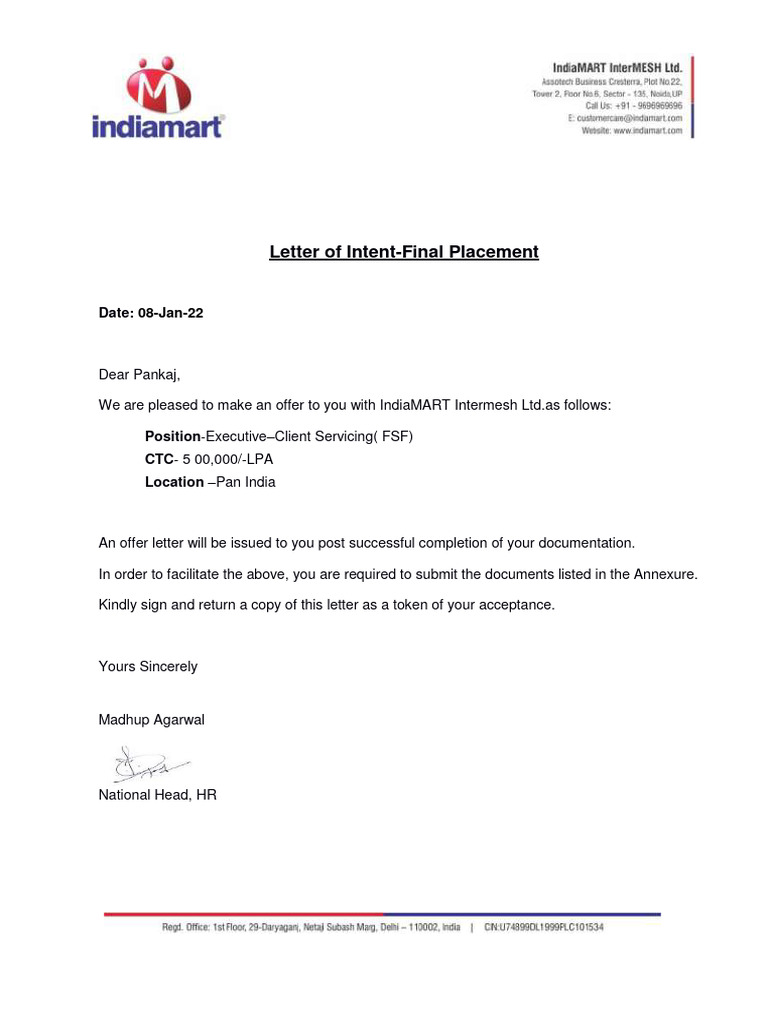 IndiaMART Job Offer Letter Details | PDF