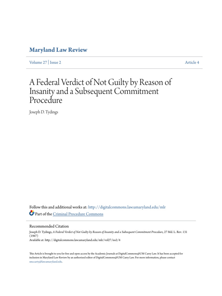 A Federal Verdict of Not Guilty by Reason of Insanity and A Subse | PDF ...