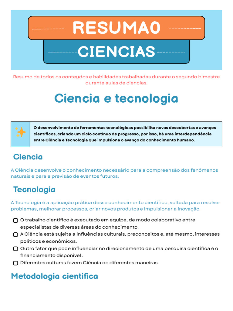 Resumo Segundo Bimestre Aulas 1 - 10 CIENCIAS | PDF | Science | Método científico